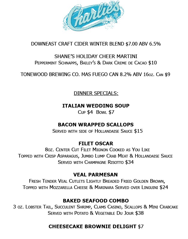 Restaurant Menus | Charlie's Bar and Restaurant