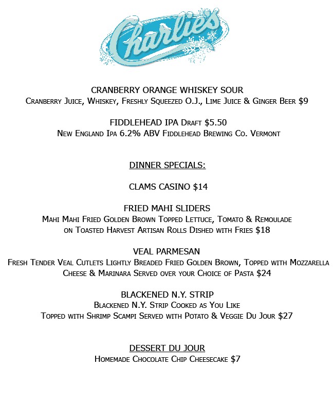 Restaurant Menus | Charlie's Bar and Restaurant