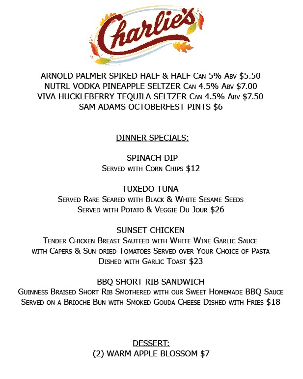 Restaurant Menus | Charlie's Bar and Restaurant
