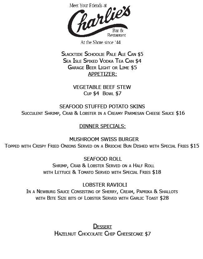 Restaurant Menus | Charlie's Bar and Restaurant