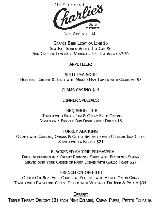 Restaurant Menus | Charlie's Bar and Restaurant