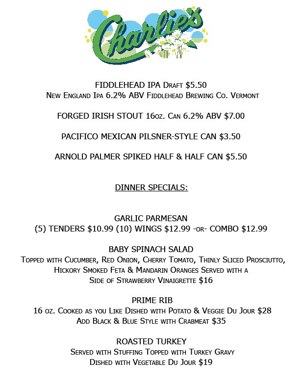 Restaurant Menus | Charlie's Bar and Restaurant