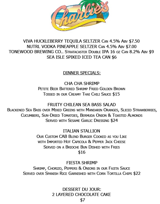 Restaurant Menus | Charlie's Bar and Restaurant