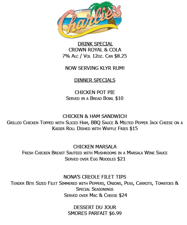 Restaurant Menus | Charlie's Bar and Restaurant