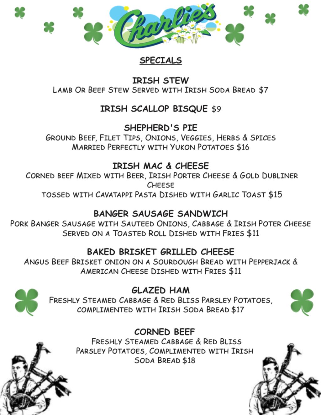 Restaurant Menus | Charlie's Bar and Restaurant